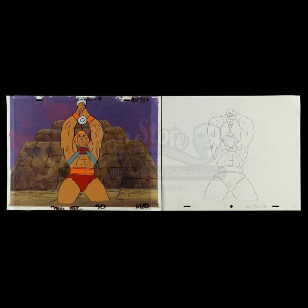 Lot # 589: Hand-Painted He-Man Animation Cel and Drawing