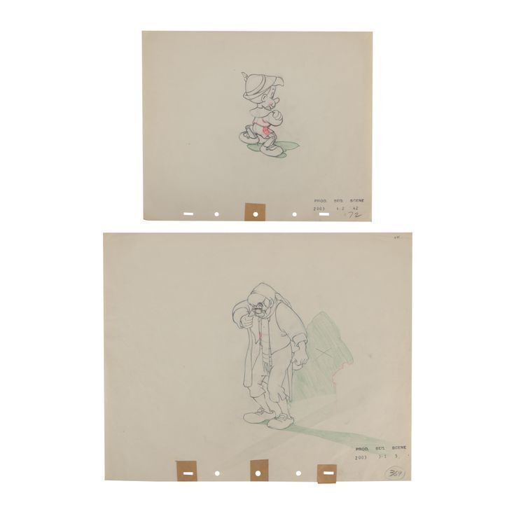 395. Two Original Production Pencil Drawings of Geppetto and Pinocchio ...